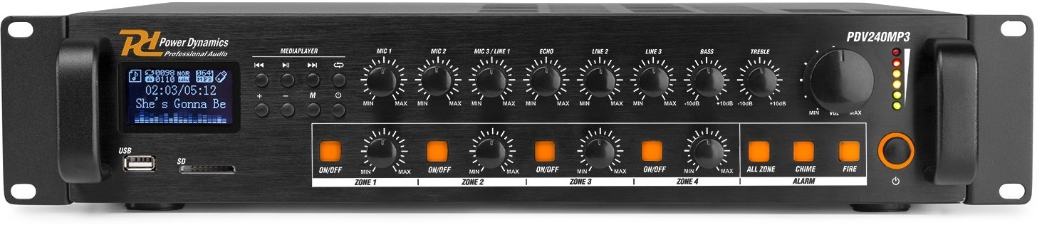 Power Dynamics PDV240MP3 PA Mixer Amplifier 240W/100V 4 zonas - DJMania