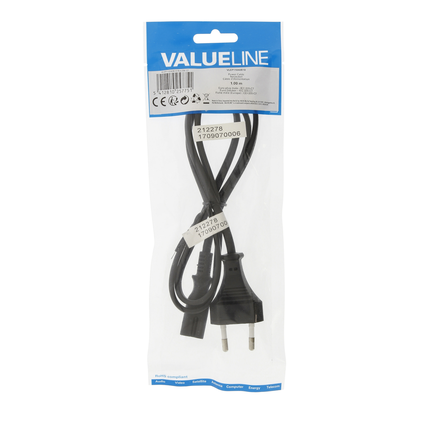 Cable de Alimentación Europeo Recto Macho - IEC-320-C7 de 1,00 m Negro ...