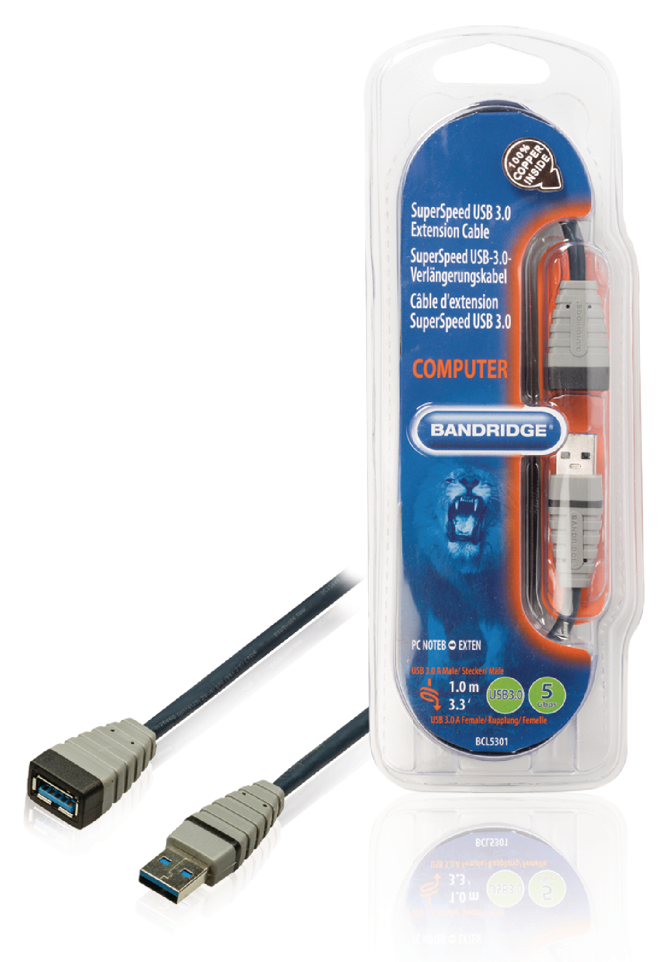 Cable de Extensión USB 3.0 A Macho - A Hembra Redondo Azul - Bandridge ...