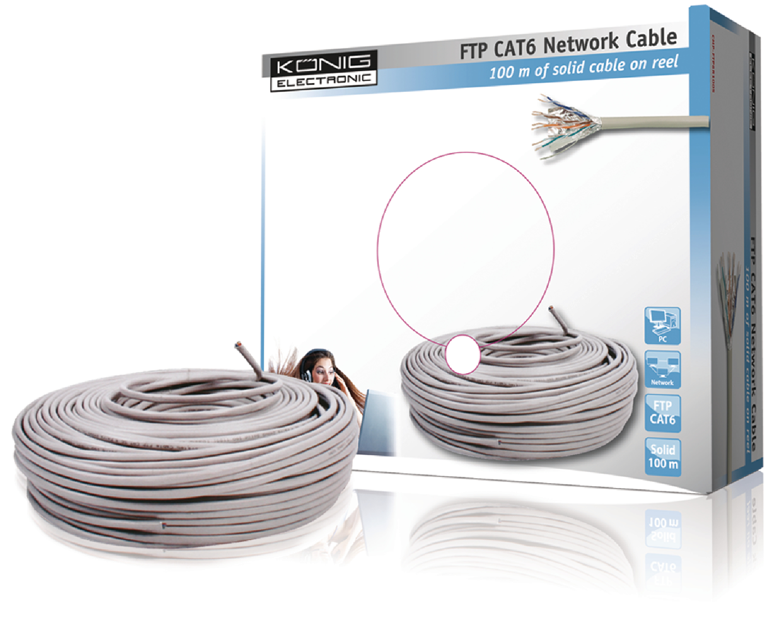 Cable de red FTP CAT6 en bobina de 100 m - König CMP-FTP6R100S - DJMania